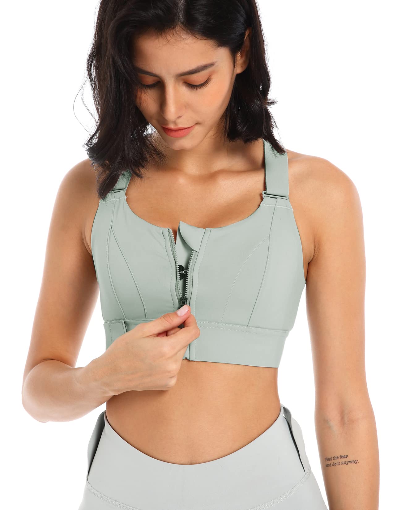 Women's Sports Bra Zip Front High Impact Workout Yoga Bra Padded Wirefree Bra Blue