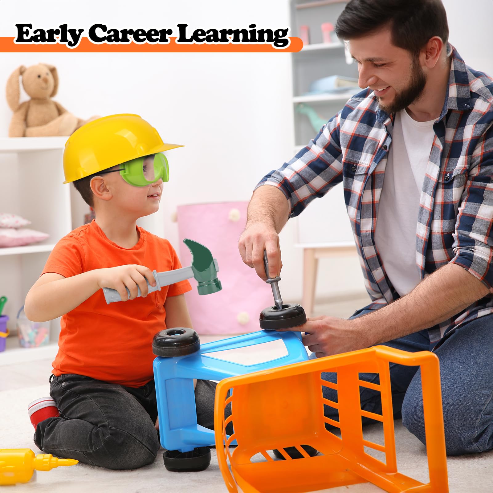 Popsunny Kids Construction Worker Toys, Toddler Tool Pretend Play with Construction Vest & Hat, Worker Dressup Set for Boys Girls 3 4 5 6 Years Old