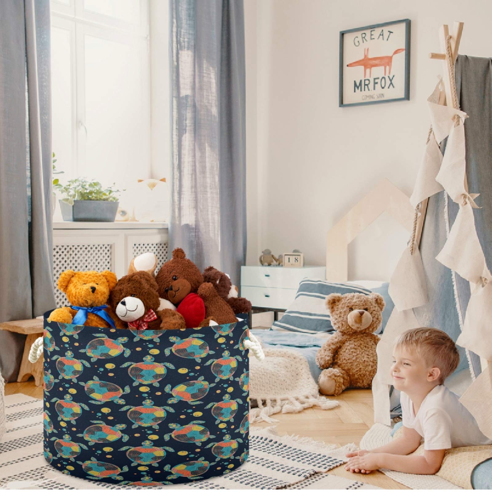 visesunny Storage Basket Sea Turtle and Tropical Fish Nursery Hamper Canvas Fabric Toy Storage Organizer Bin Storage Box Laundry Basket for Kid Rooms,Playroom,Shelves,Toy Basket