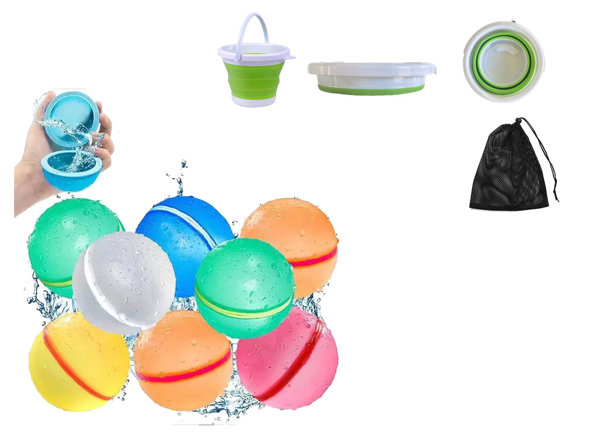 Resealable Water Balloons w/Durable Magnetic Seal/Reusable Water Bomb Splash Balls[Bundle 3 Items] 6 Pack Color Variation),Collapsable Water Bucket For Easy Travel/Water Access (Green), W/Mesh Bag
