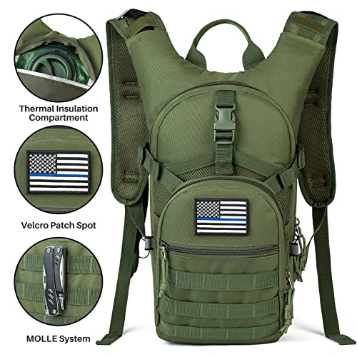 SHARKMOUTH Hydration Backpack, 900D Polyester with 2L Leak-Proof Water Bladder, Keeps Liquid Cool for Up to 4 Hours, Tactical MOLLE Pack for Cycling, Hiking, Running (Green)