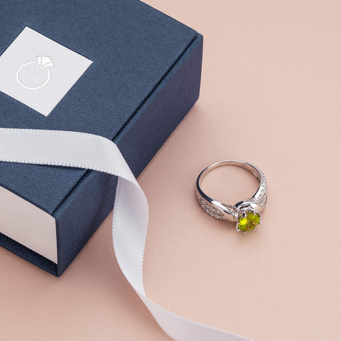 PEORA Peridot Regal Ring for Women in Sterling Silver, Round Shape, 7mm, 1.25 Carats total, Comfort Fit, Size 8