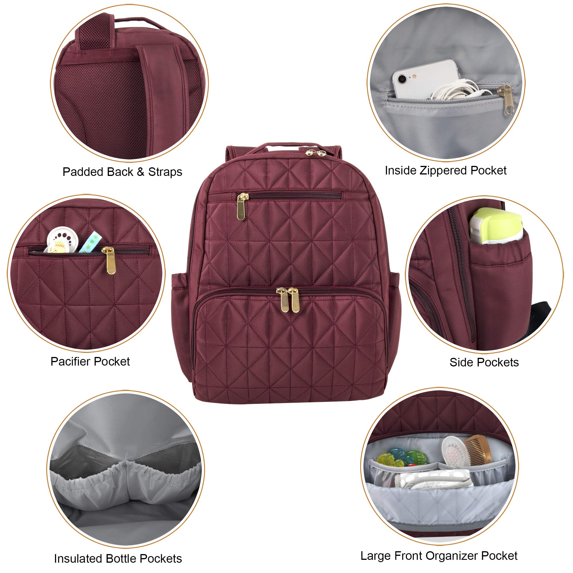 Quilted Diaper Bag Backpack with Insulated Compartment, Changing Pad β 2 Piece Set (Burgundy)
