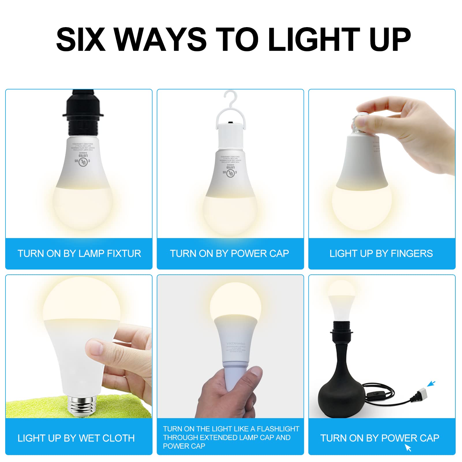YKDtronics Rechargeable Light Bulbs, Multi-Function Battery Operated Light Bulb for Emergency Power Outage, Camping, 2000mAh Battery Backup 500LM 5W 40W Equivalent 3000K Soft White E26/E27 120V 2Pack