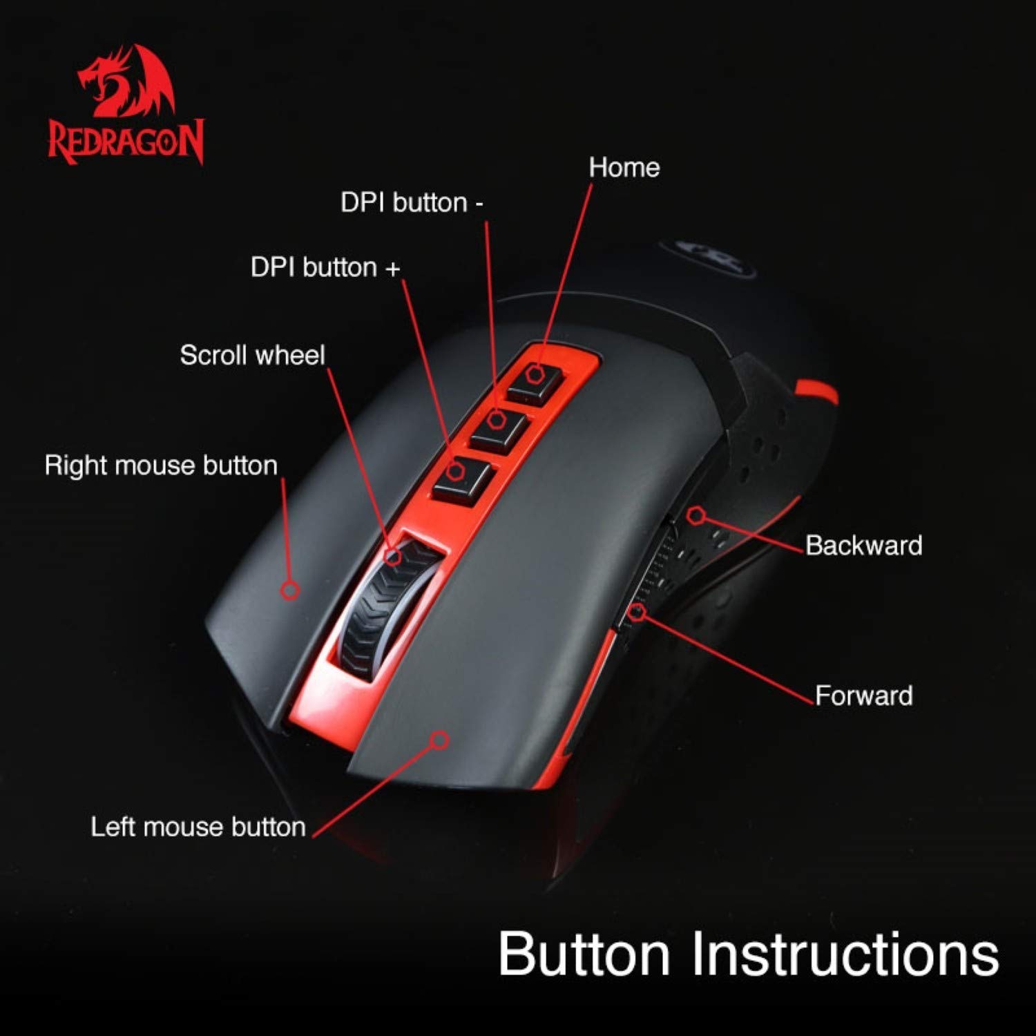 Redragon M692 Wireless Gaming Mouse RED LED Backlit MMO 9 Button Ambidextrous Programmable Cordless Computer Mice, Blade, 4800 DPI for Windows PC Gamer (Wireless Red LED Backlit)
