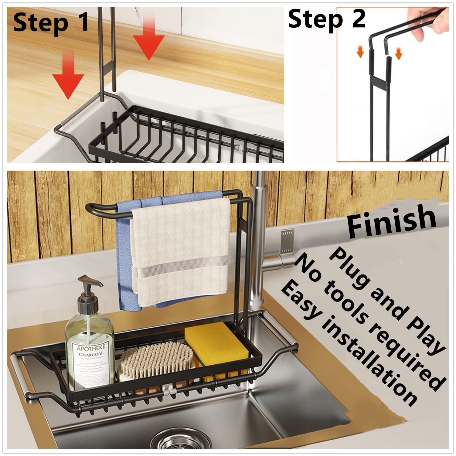 Telescopic Sink Storage Rack, Expandable Sponge Holder for Kitchen Sink, Sink Caddy Organizer with Dishcloth Towel Holder,Over Sink Telescopic Sink Rack Sponge Brush Soap Holder for Home Kitchen