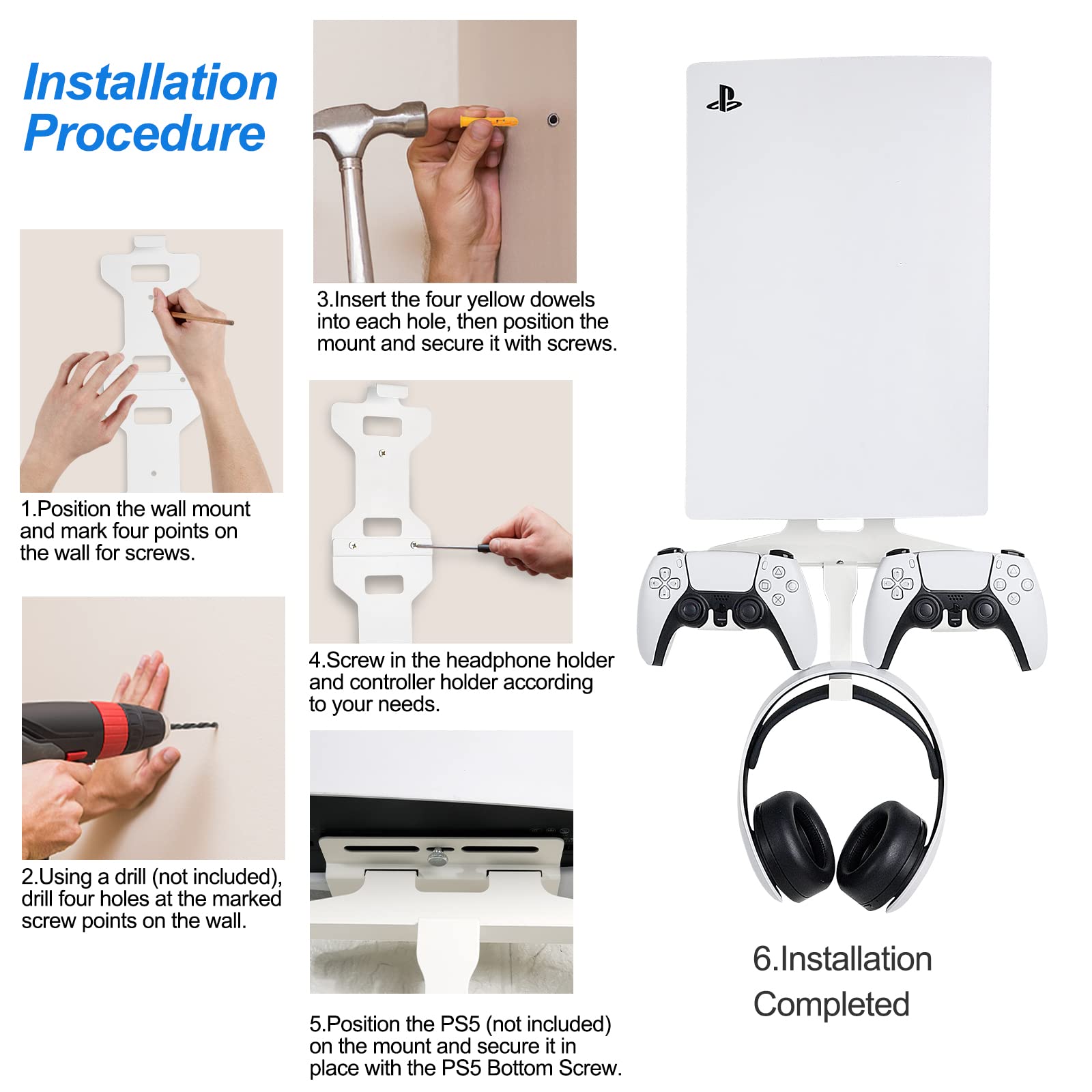PS5 Wall Mount, Wall Bracket for PS5 (Disc and Digital Edition) with Detachable Controller Holder & Headphone Hanger, PS5 Wall Mount Kit, White
