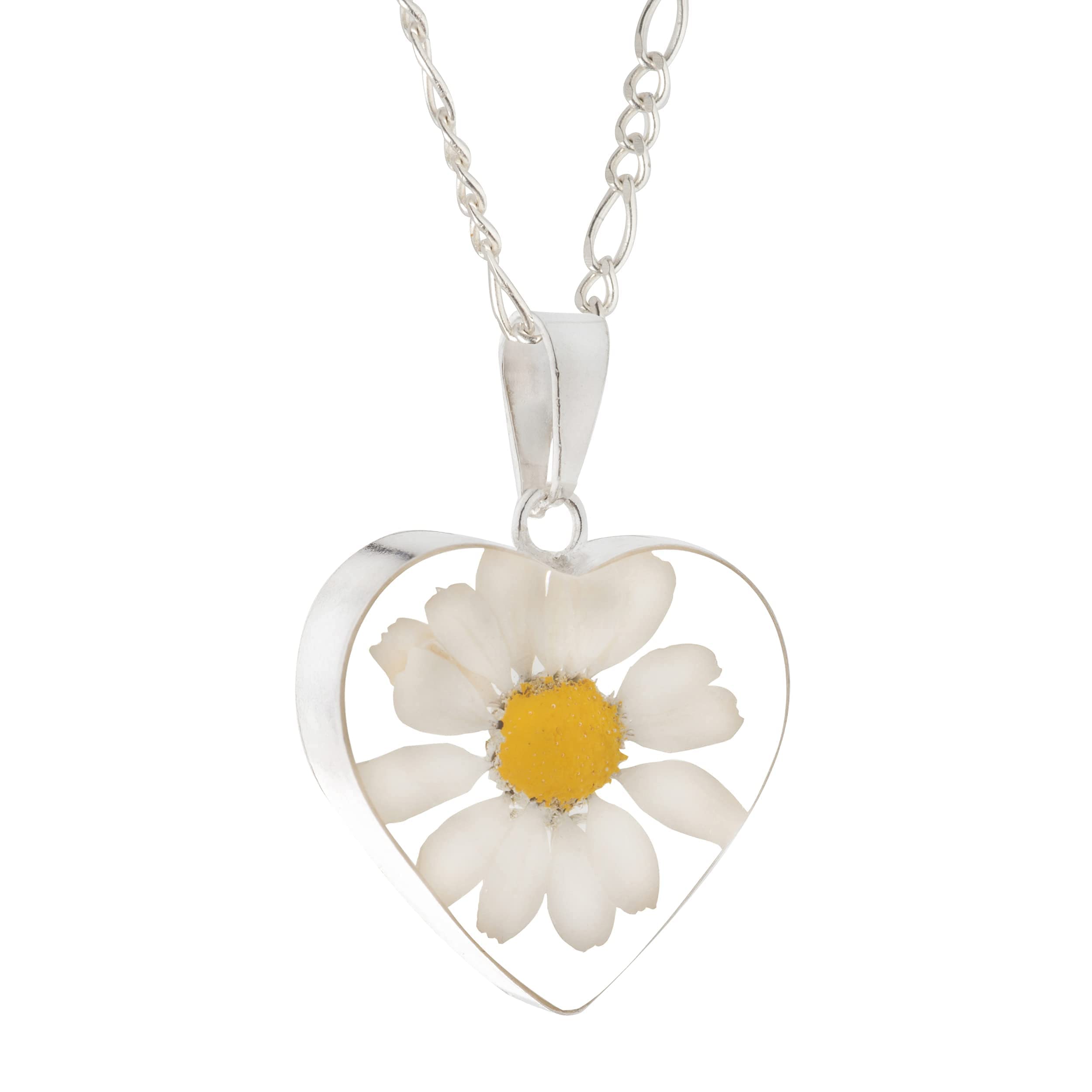 TAMI Real Daisy Necklace in Sterling Silver Heart Shape, 18" Figaro Chain, Floral Jewelry