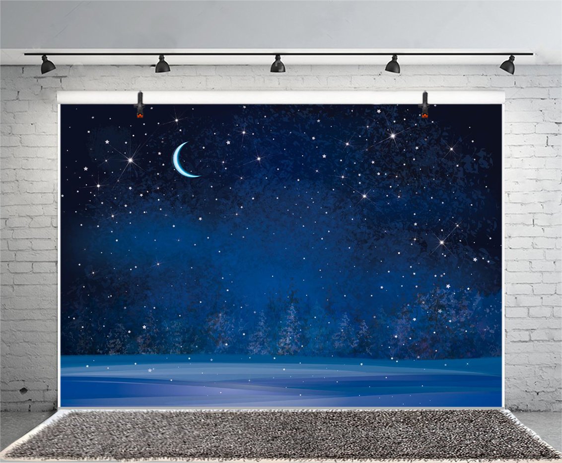 Yeele 8x6ft Winter Night Snowfall Snowflake Photography Backdrops Starry Sky Moon Blurry Fir Trees Pine Forest Background Merry Christmas Happy New Year Party Banner Decoration Studio Props