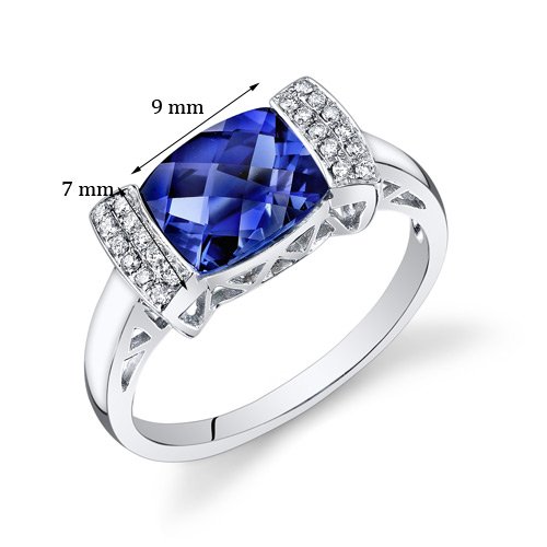 PEORA 14K White Gold 2.61 Carats Created Blue Sapphire with Genuine Diamond Ring, AAA Grade Cushion Cut 9x7mm, Comfort Fit