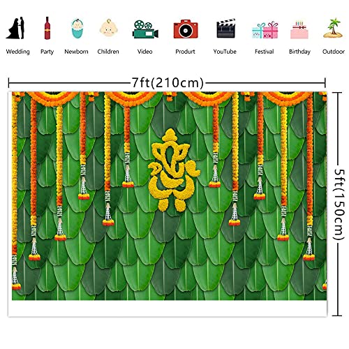 Ticuenicoa 7×5ft India Pooja Traditional Photography Backdrop Diwali Backdrops Banana Leaf Green Chatiya Ganesh Background Marigold Puja Ganpati Wedding Photo Tapestry Booth Props