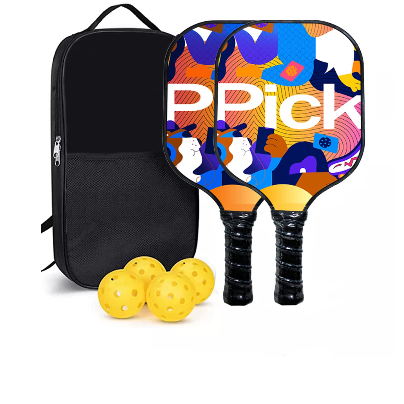 Pickleball Three-Piece Set,Pickleball,Glass Carbon Fiber Pickleball,Peak Racket,2 Sets of Pickleball Rackets,Set Contains 2 Peak Racket and 4 Pickleballs,Suitable for Young Beginners (Yellow)