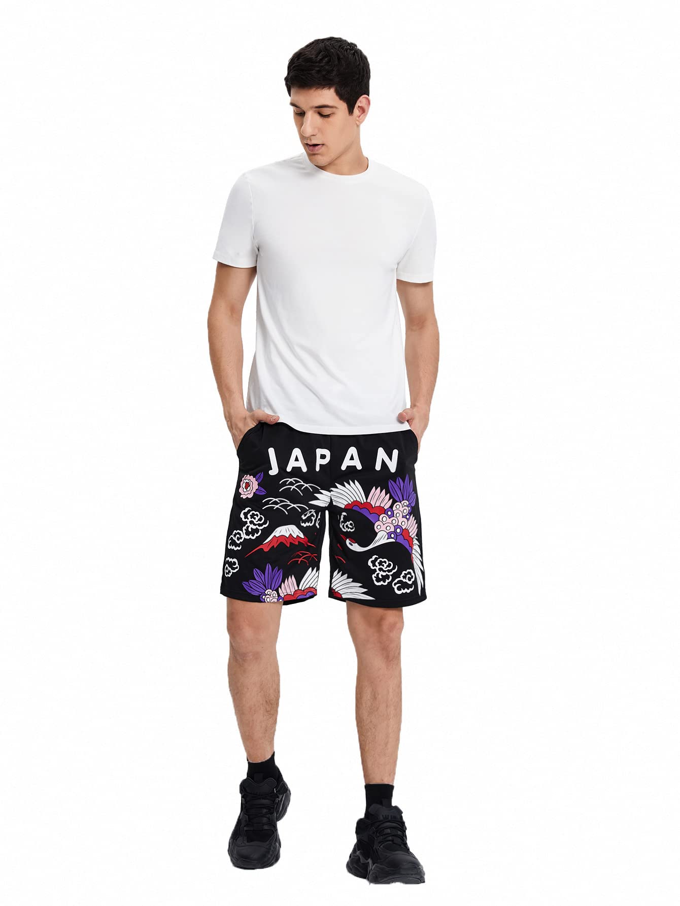 WDIRARA Men's Japanese Letter Graphic Print Drawstring Waist Active Shorts with Pocket Multicolor Black S