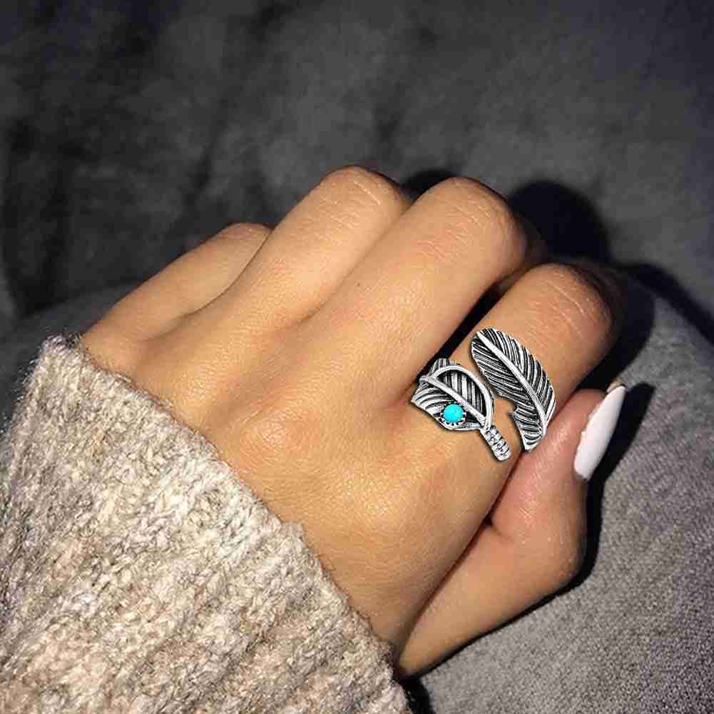 weeee Stainless Steel Feather Turquoise Ring Feather Boho Wide Nature Ring Adjustable Silver Turquoise Feather Ring for Women Men