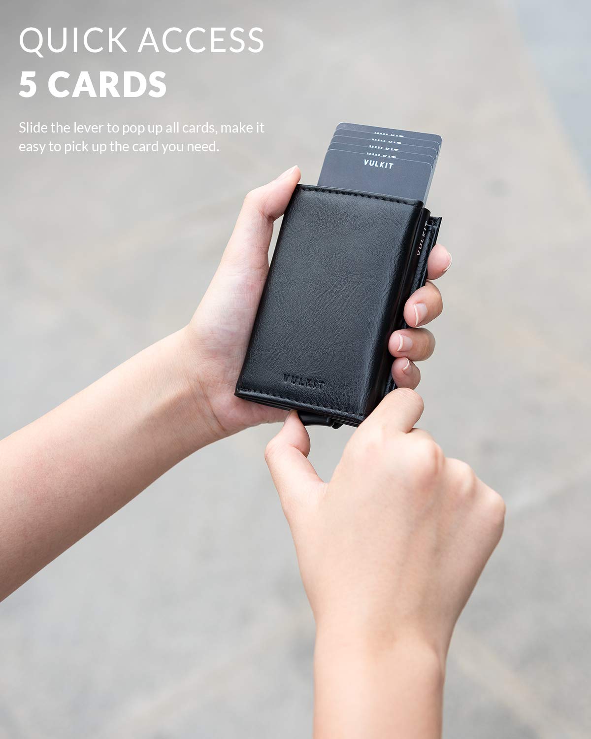 VULKIT Pop up Wallet RFID Blocking Leather Credit Card Wallet with Banknote Compartment, ID Window & Coin Pocket (Black)