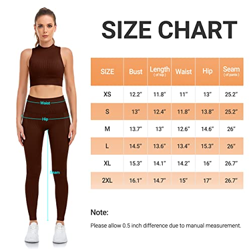 Women's Yoga Workout 2 Piece Seamless Sets with Ribbed Design, High Neck or One Shoulder Strap Top