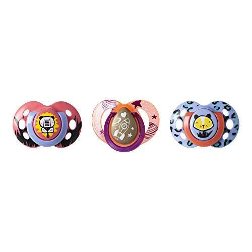 Tommee Tippee Day And Night Pacifiers, Symmetrical Design, BPA-Free Silicone Binkies, 6-18m, 3-Count, Colors And Designs May Vary