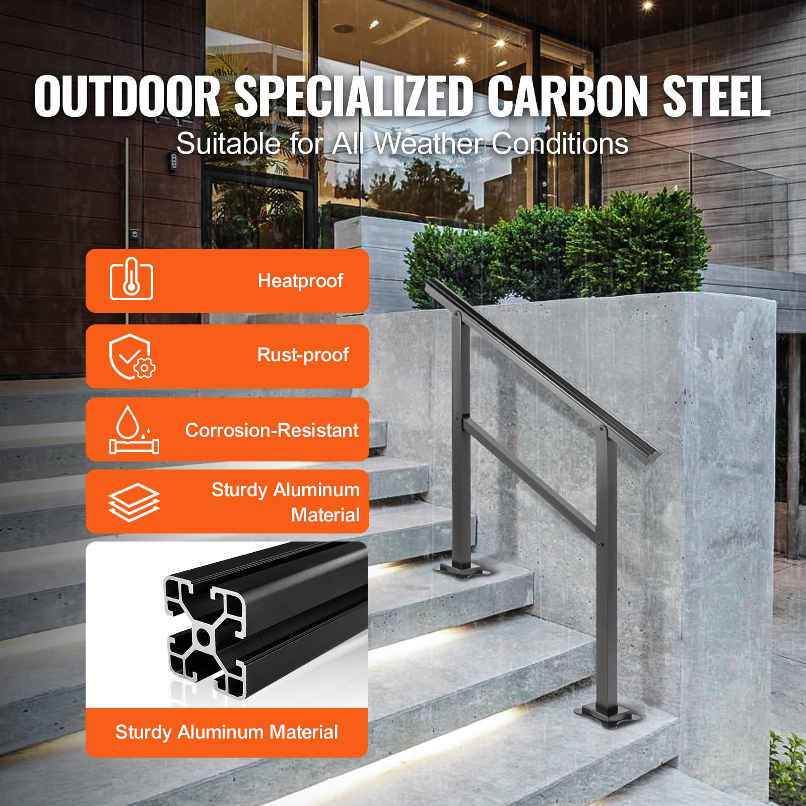 VEVOR Handrail for Outdoor Steps, 2-3 Steps Outdoor Handrail, Adjustable Aluminum Staircase Handrail, Thickened Stair Railings for Porch Railing, Deck Handrail