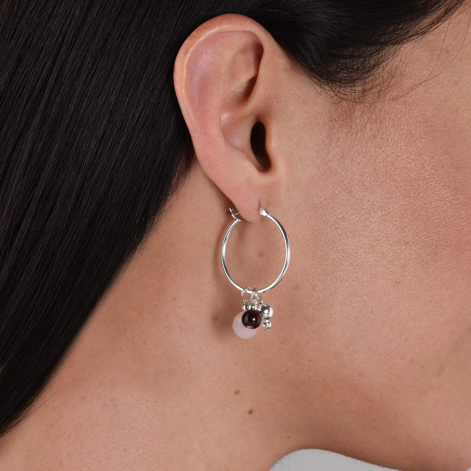 Sterling Silver Pink Rose Quartz and Red Garnet Gemstone Bead Drops on Hoop Earrings
