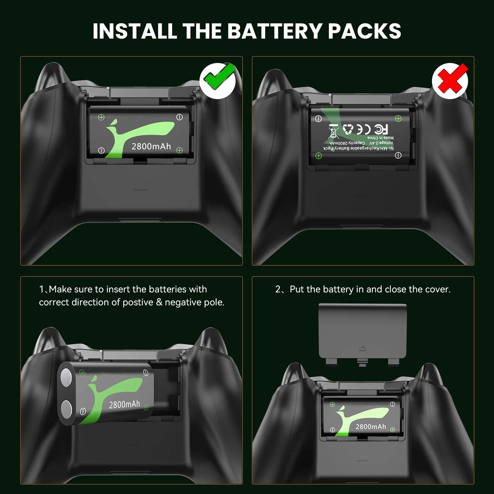 YCCSKY Rechargeable Battery Pack for Xbox Series X|S Controller, 2 X 2800mAh Controller Rechargeable Batteries Compatible with Xbox One/Xbox One S/Xbox One X/Xbox One Elite Wireless Controller