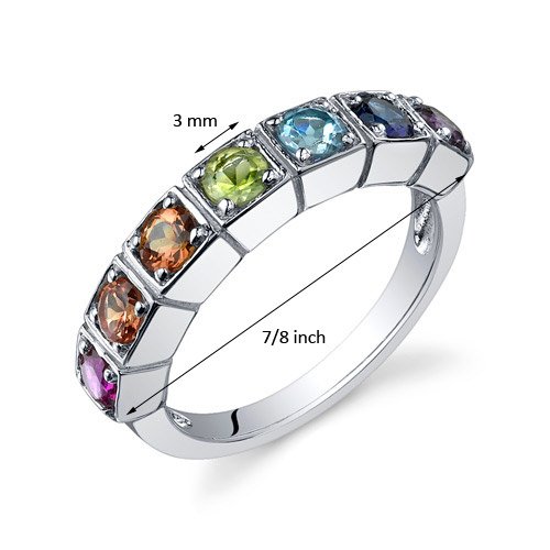 PEORA 7 Stone Rainbow 1.75 Carats Half Eternity Ring Band 925 Sterling Silver with Genuine and Created Gemstones, Size 9