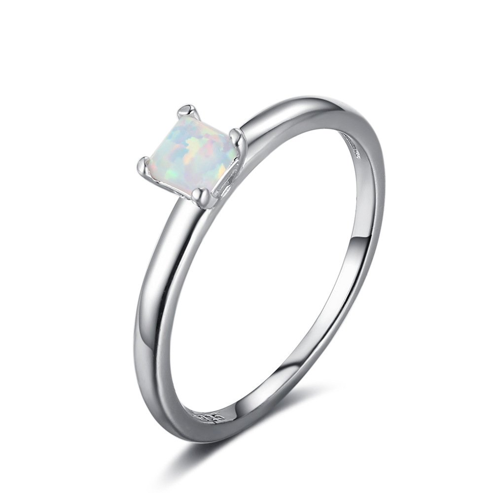 SILBERTALE Opal Ring 925 Sterling Silver Small Birthstone Princess Cut Opal Solitaire Promise Engagement Ring Women Stacking Wedding Band Size 8