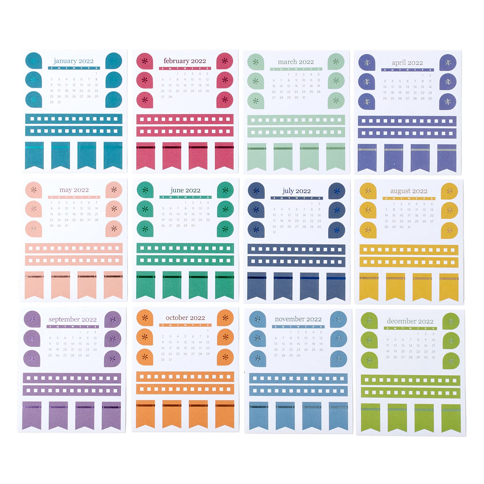 Weekly Planner Mini 12 Month Calendar Sticker Pack 2022 (Jan - Dec 2022). 12 Mixed Metallic Sheets. Date Tracker Stickers for Planners and Notebooks. 156 Stickers Total - Erin Condren