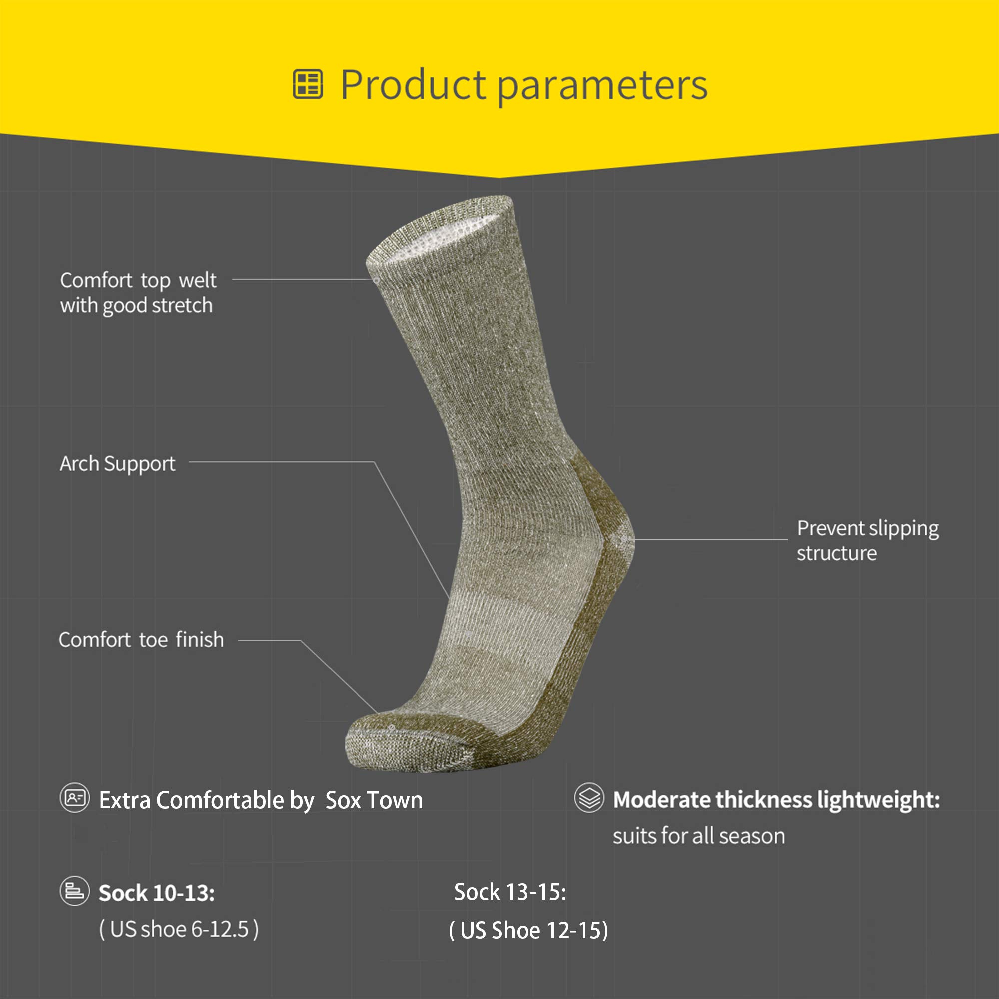 SOX TOWN Men's Merino Wool Cushion Crew Socks Moisture Wicking Control for Outdoor Hiking Work Boot Thermal Warm All Seasons(Mixcolor1 L)