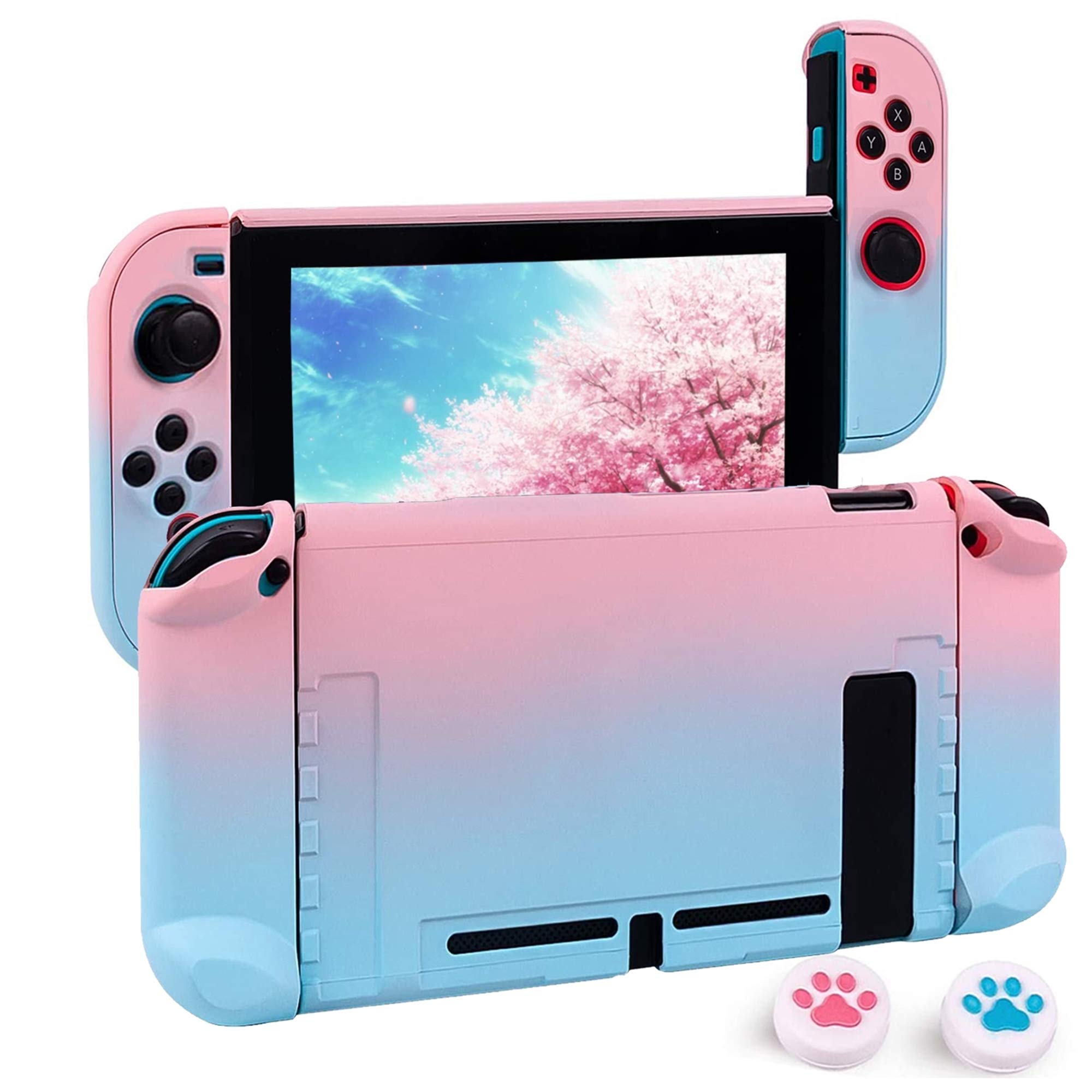 Upgraded Dockable Case for Nintendo Switch, FANPL Protective Case Cover for Nintendo Switch and Joy Con Controller with 2 Cat Paw Thumb Grips (Pastel Pink & Blue)