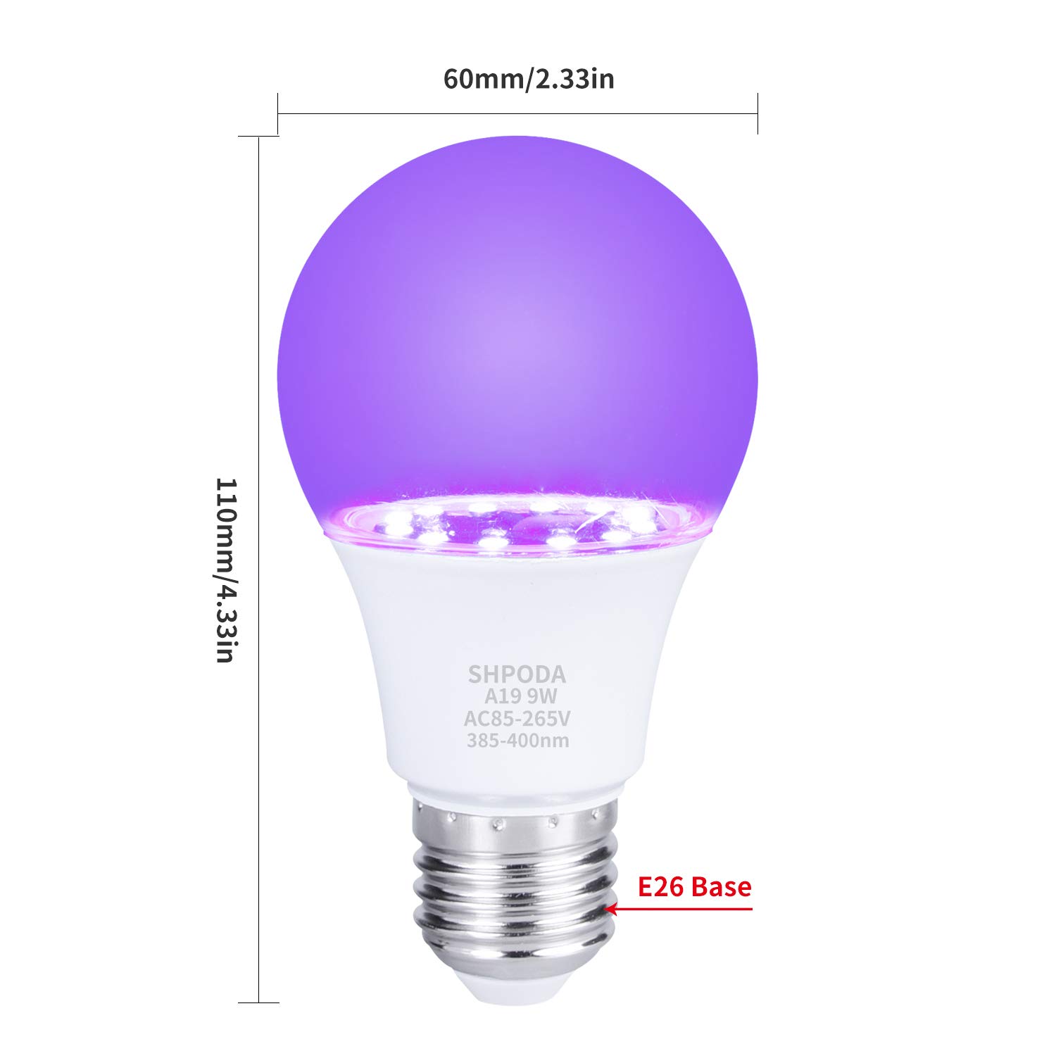 SHPODA 3 PACK 9W UV LED Black lights Bulb,A19 E26 UV Blacklight Bulb UVA Level 385-400nm,Glow in The Dark for Blacklight Party,Body Paint, Fluorescent Poster,Neon Glow