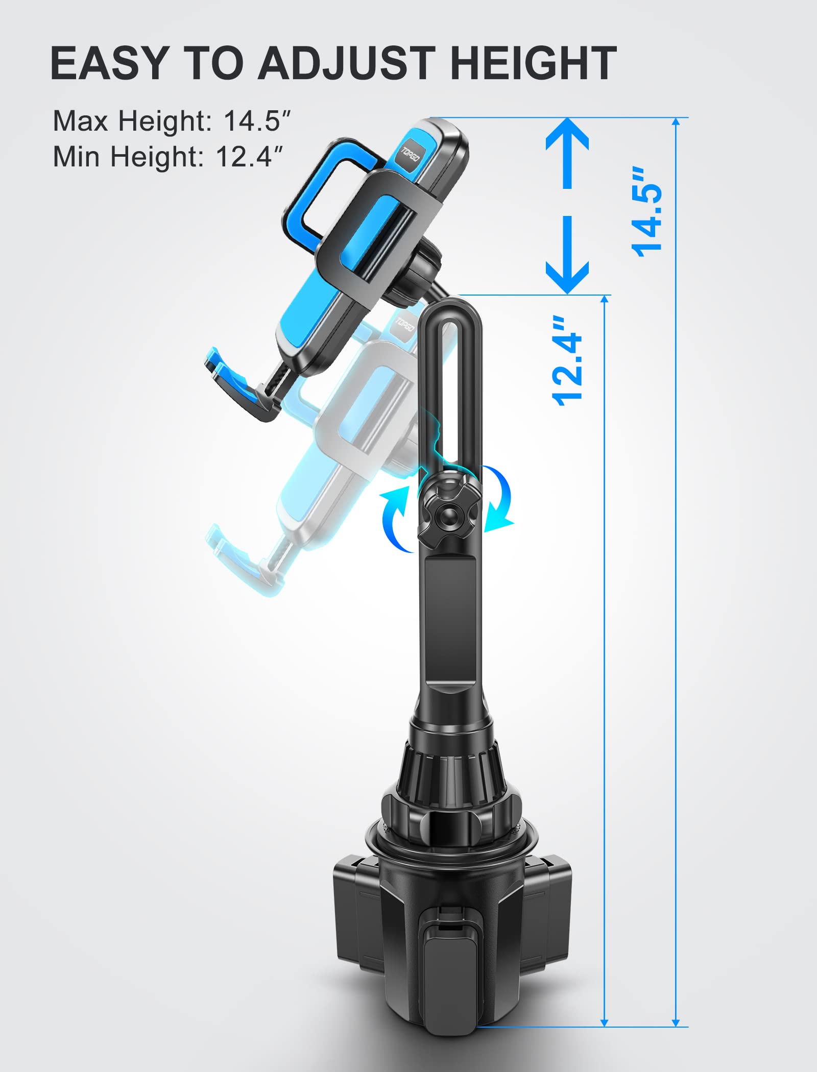 TOPGO Cup Holder Phone Holder, [No Shaking & Height-Adjustable Pole] Car Cup Holder Phone Mount, Cell Phone Cradle for iPhone iPhone 14 and More Smart Phone(Blue)