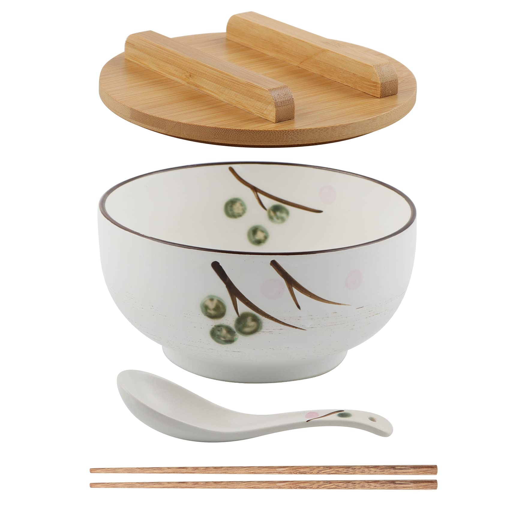 Yeking Japanese Ramen Bowls Japanese Rice Bowl (Contains chopsticks and spoons) Japanese White Ceramic Ramen Noodle Bowl Hand Drawn Rice Bowl Retro Tableware Noodle Bowl 6.5 inch