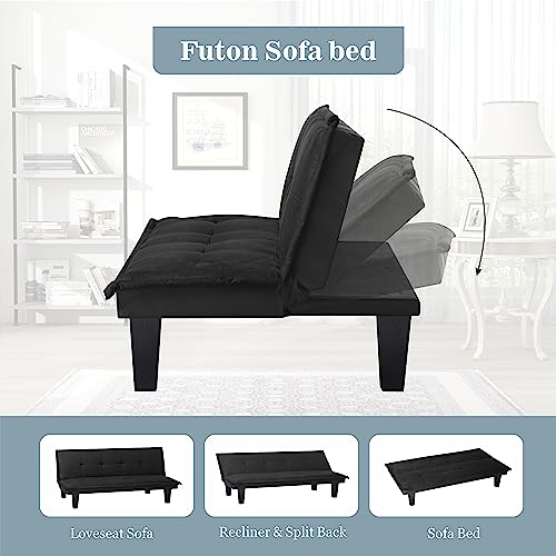 Penifun Sofa Bed, Sleeper Futon, Memory Foam Couch Convertible Loveseat for Compact Living Spaces Offices Apartments Dorm Bonus Room, Black