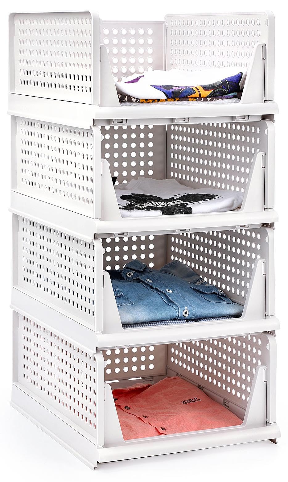 SEHERTIWY Stackable Closet Storage Baskets, 4 Packs Plastic Closet Organizers and Storage Containers Bins, Foldable Closet Shelf Drawers for Wardrobe Cupboard Kitchen Bathroom Office