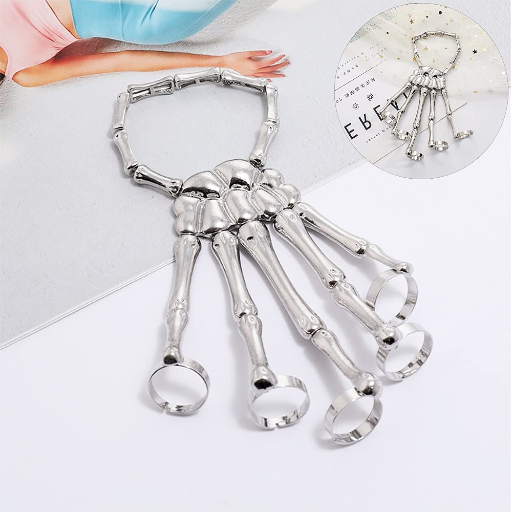 Unique Exaggerate Style Skull Finger Hand Bone Bracelet Punk Handmade Halloween Metal Skeleton Bangle Horror Halloween Goth Ghost Claw Jewelry Ornaments for Women (Antique silver)