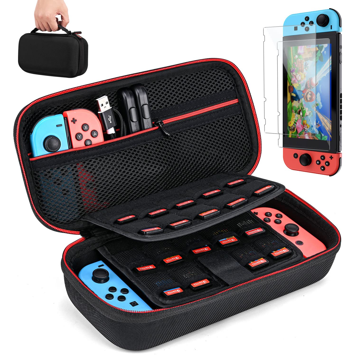 Switch Carrying Case with 2 Pack Screen Protector, Younik Switch Travel Case with Protective Hard Shell for NS Switch Console & Accessories Holds 19 Game Cartridge, Black