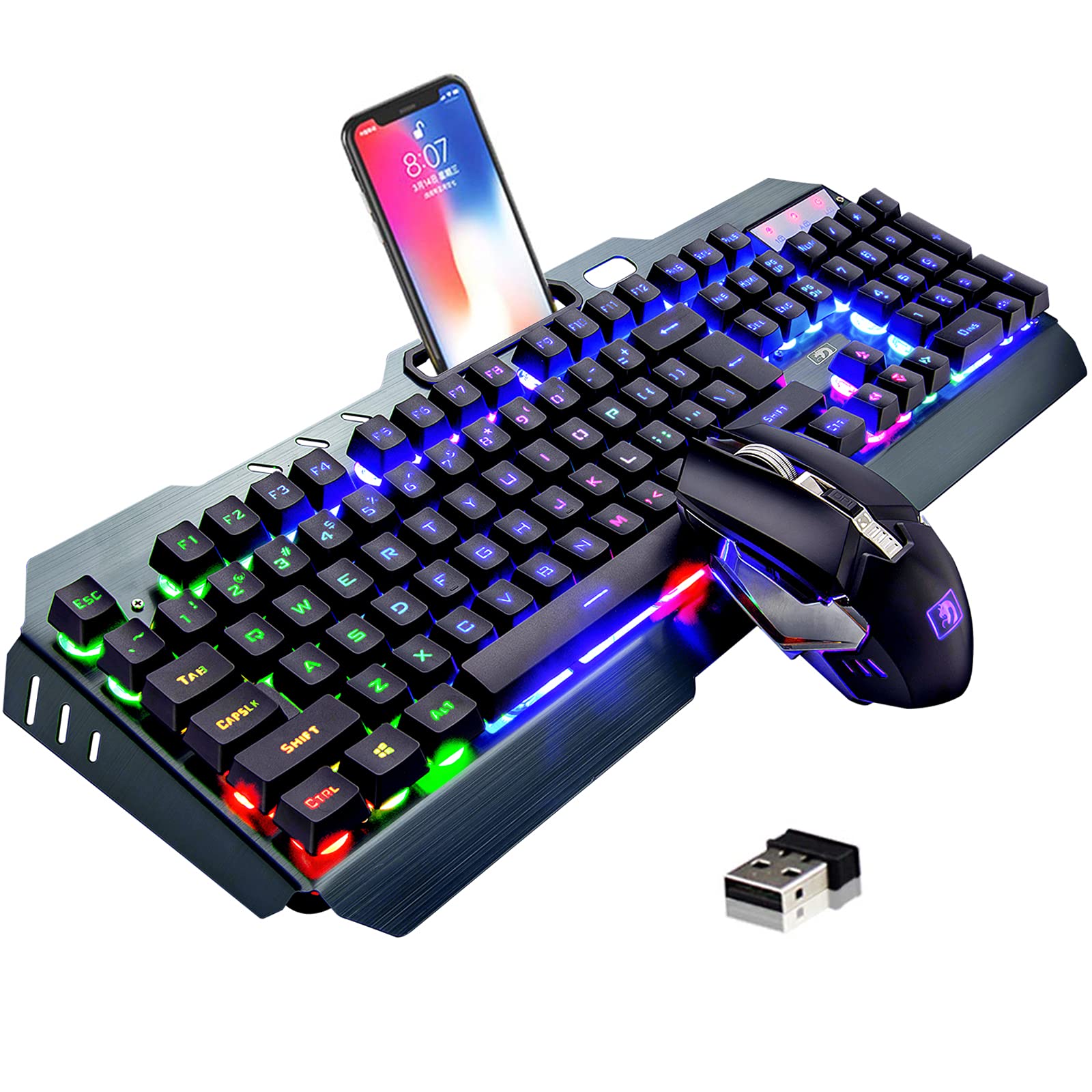 Wireless Keyboard and Mouse Combo,Rainbow Backlit Gaming keyboard with Memory Foam Keyboard Wrist Rest,Rechargeable 3800 mAh Battery,Metal Panel,Mechanical Feel,Ergonomic,Gaming Mouse for PC Gamers