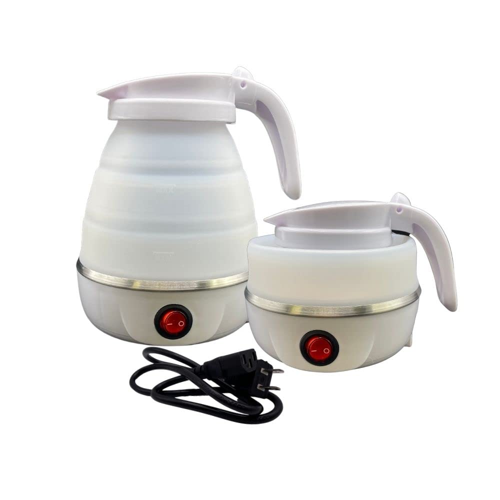 Portable collapsible electric kettle, small travel foldable BPA free fast water boiling tea kettle, dual voltage, 600ml with collapsible pour over coffee dripper and waterproof storage bag