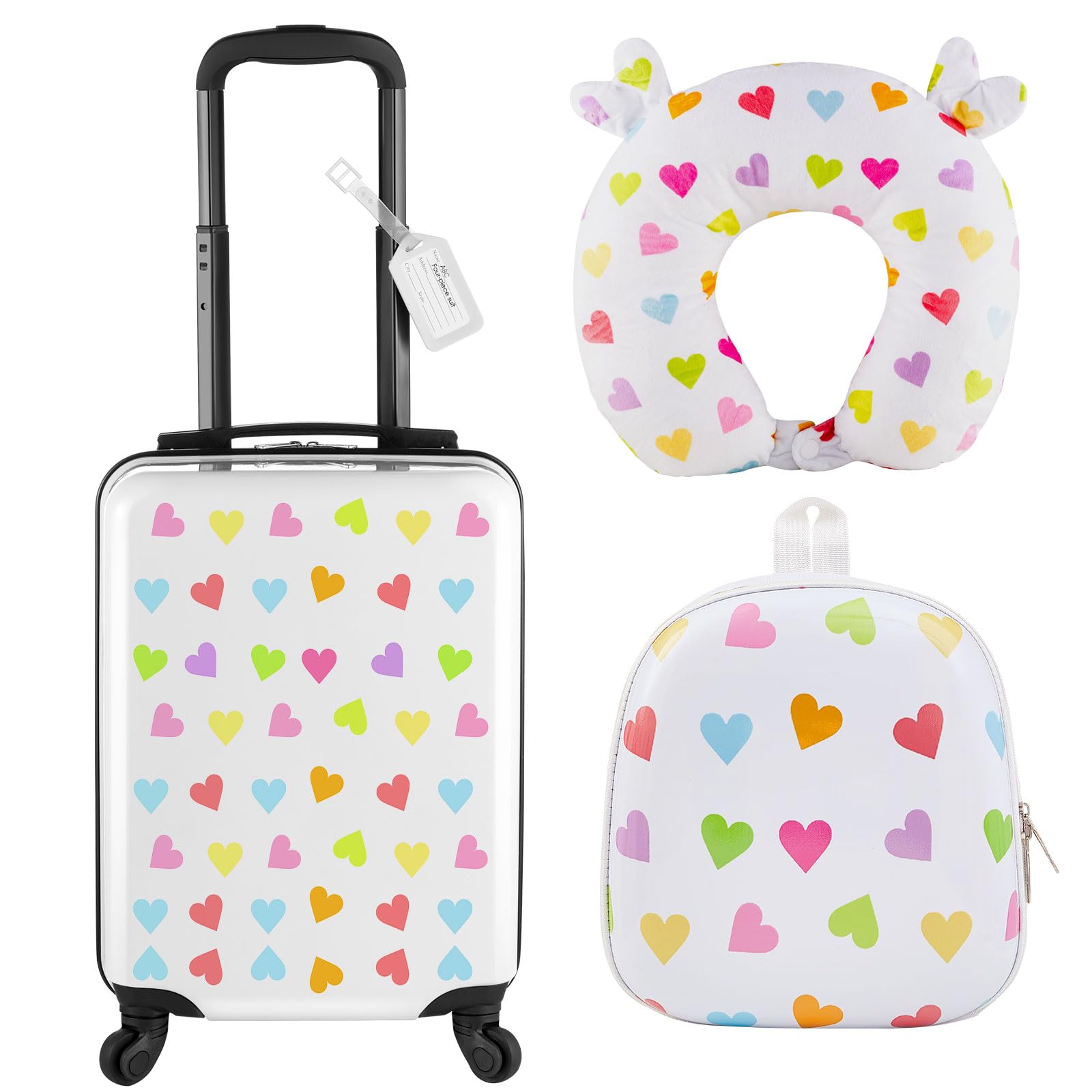Sanwuta 4 Pieces Heart Luggage for Girls 17 Inch Kids Rolling Luggage White Travel Rolling Suitcase with Wheels Kids Luggage Set with Backpack Neck Pillow Name Tag