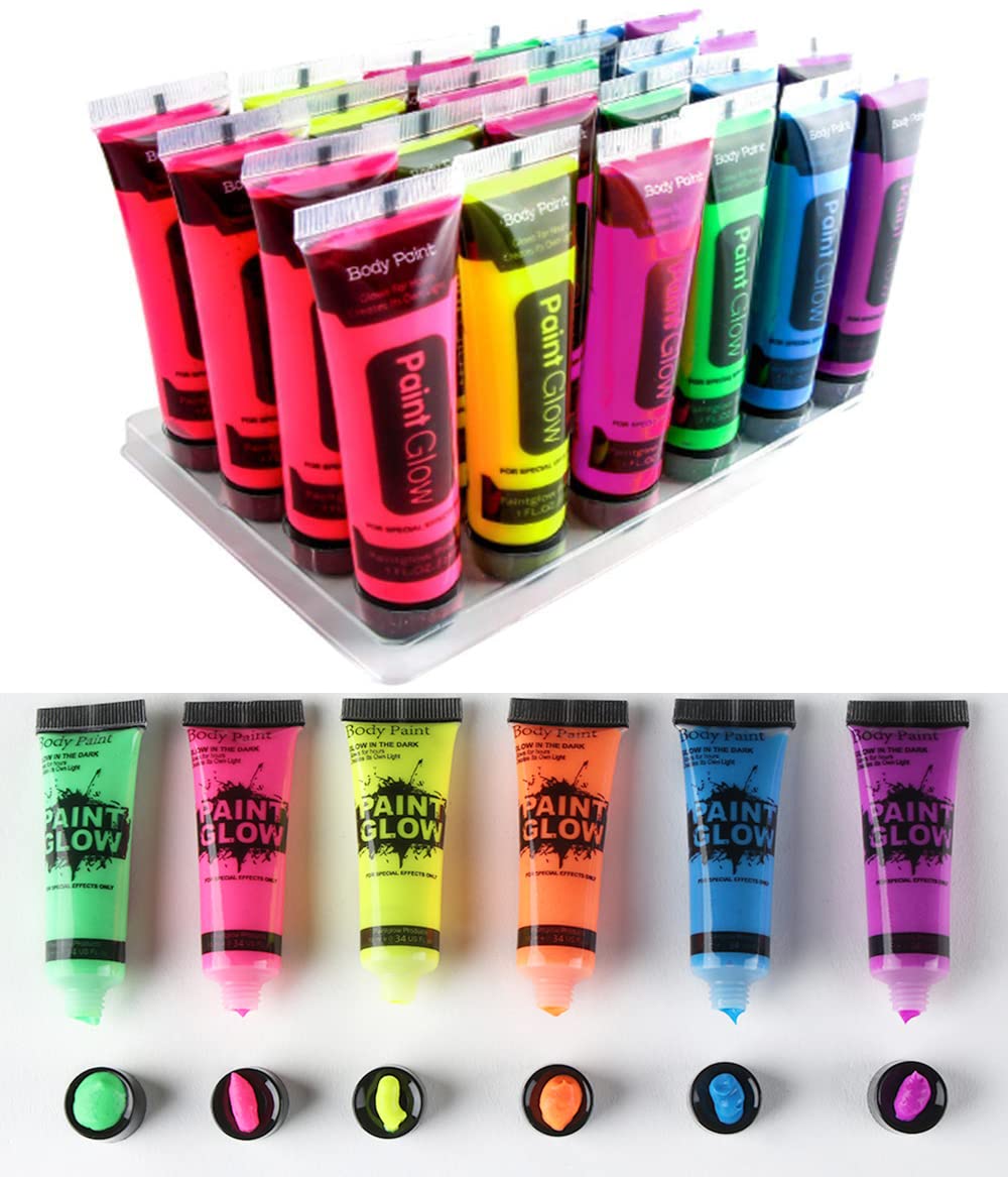Quiet&Far Body Paint Set with tubes 24 x 25 ml / 1 fl oz Neon Glow in the dark paint face paint Blacklight Reactive Fluorescent Paint Non-Toxic