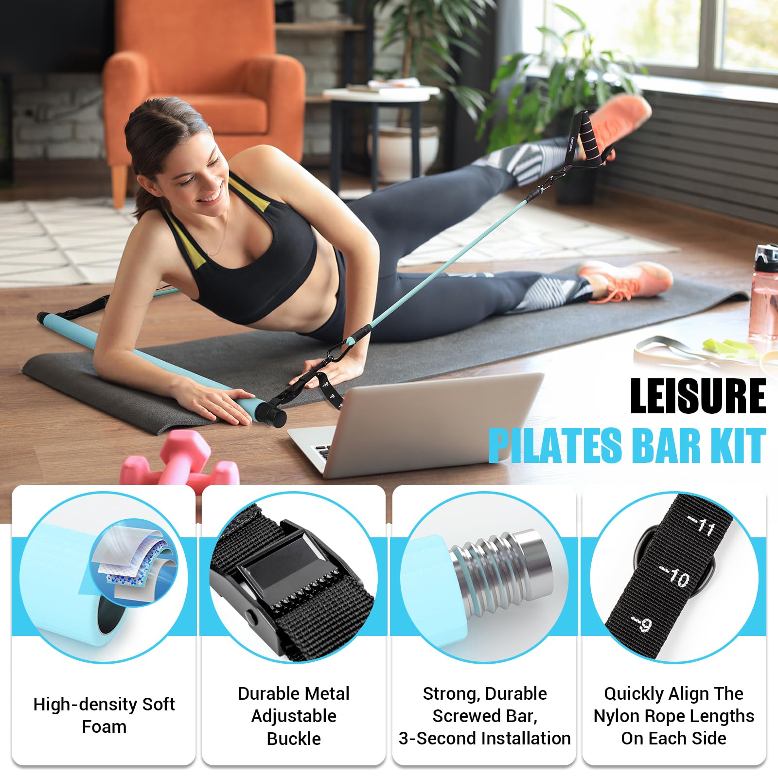 Pilates Bar Kit with Resistance Bands, Multifunctinal Exercise Bar with Resistance Bands for Pilates/Abs/Weight Loss, Portable Home Gym Pilates bar kit for Full Body Training Women - Blue