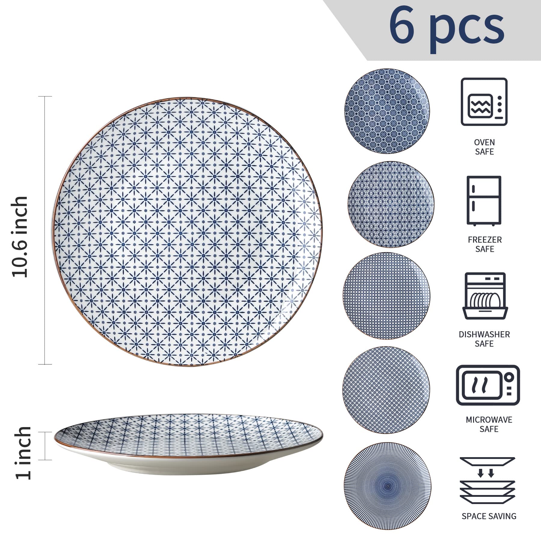 YELLOYA Japanese Large Dinner Plates Set 10.6 Inch-Salad Serving Dishes Set of 6-Blue and White Plates,Dishwasher & Microwave Safe, Assorted Pattern Plates
