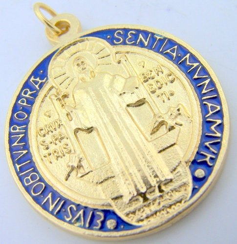 Religious Gifts Gold Tone Red and Blue Enamel Saint Benedict Medal Pendant, 1 1/4 Inch
