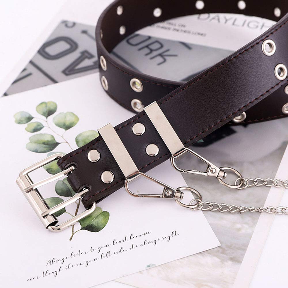 UIYTR Steampunk Rock PU Leather Belt Double Grommet Novel Belts with Chain,Studded Belt Punk Accessories (Pink)