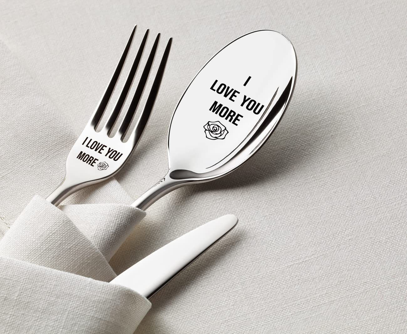 XIKAINUO 2 Pieces I Love You More Engraved Stainless Spoon and Fork, Funny Long Handle Dinner Fork Coffee Spoop with Gift Box, Birthday Valentine Couple Anniversary Spoon Gifts