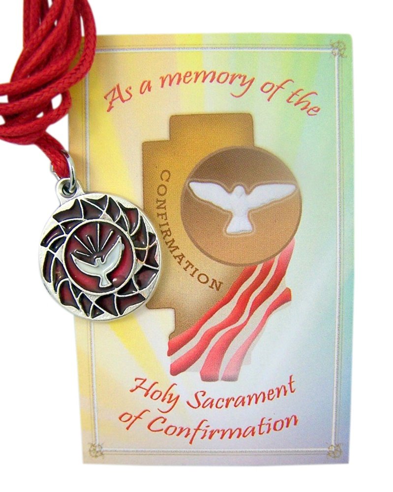 Religious Jewelry Silver Tone Red Enameled Holy Spirit Dove Confirmation Pendant on Red Cord, 3/4 Inch