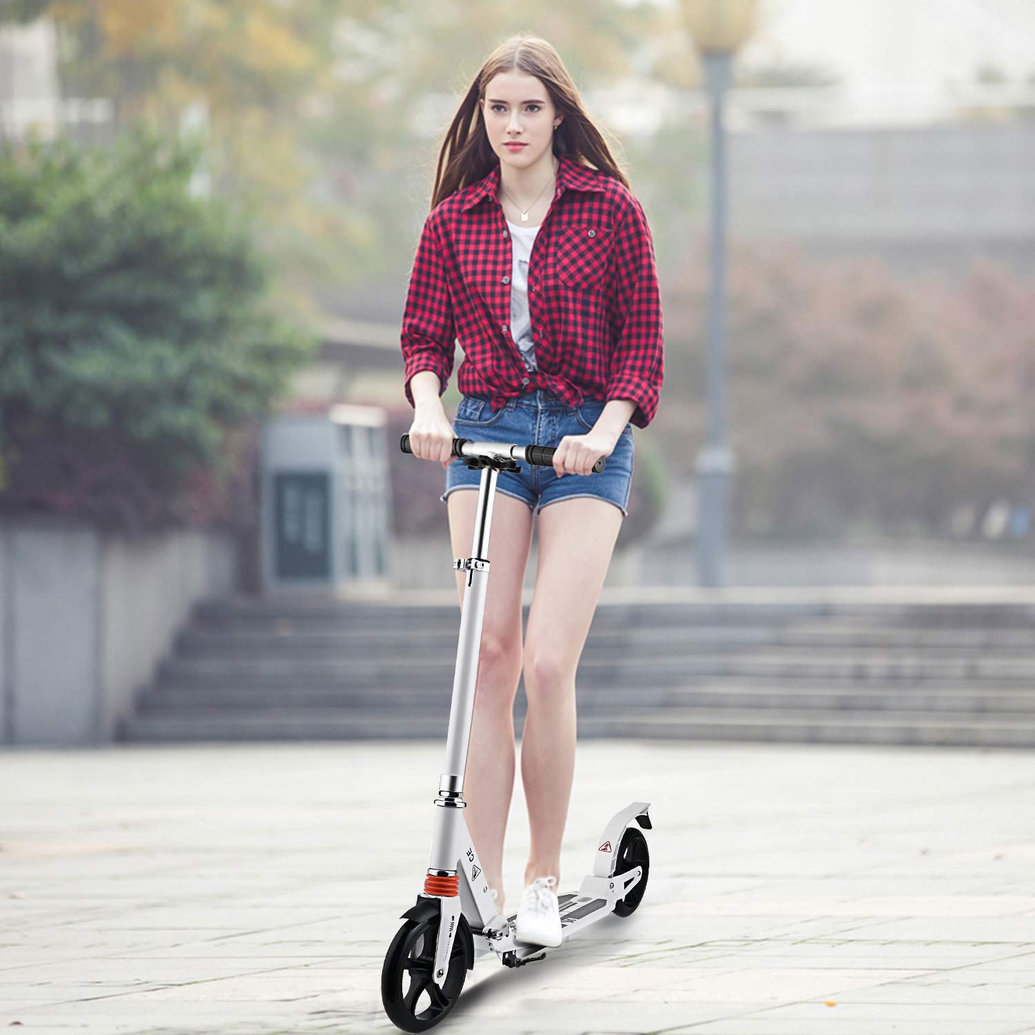 Scooter for Adults/Teens/Kids, 200mm Big Wheels Scooter Easy Folding Lightweight Height Adjustable Rear Fender Brake Scooter Support 220lbs (White)