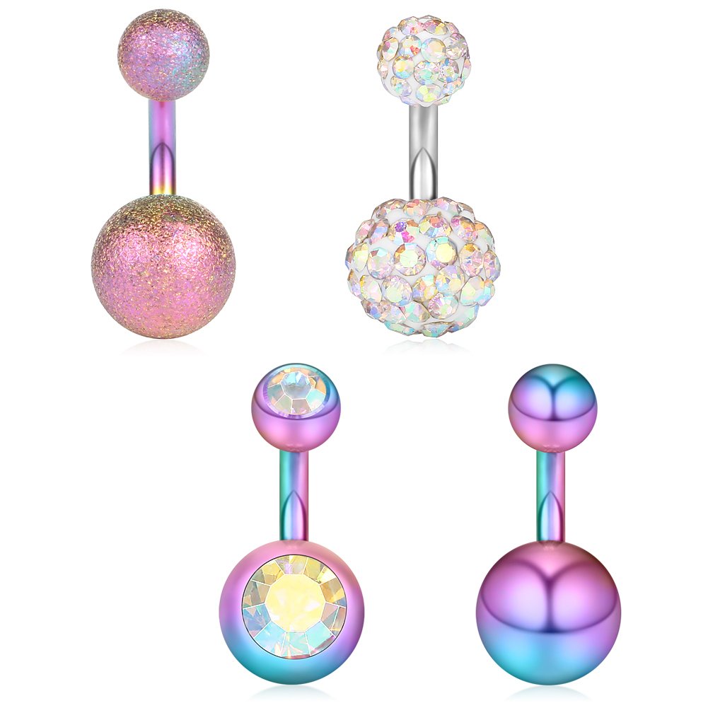 Ruifan 4PCS 14G 6mm 1/4 Inch 316L Surgical Steel Crystal Ferido CZ Short Belly Earring Navel Button Rings Set - Rainbow