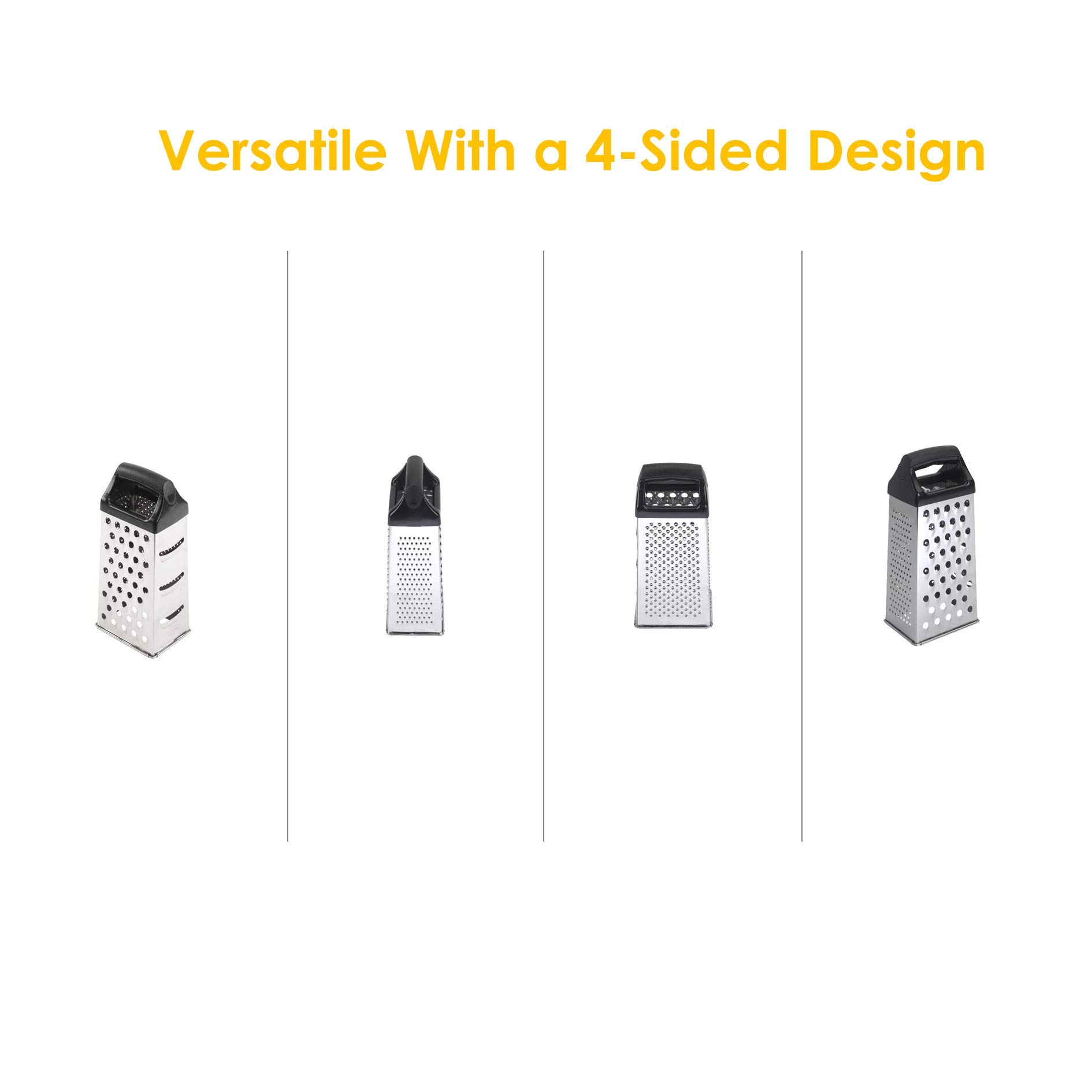 Stainless Steel Box Grater (9 x 4 x 3 inches), 4 Sided Hand Shaver, Grater and Slicer, Great for Parmesan Cheese, Vegetables, Ginger, XL Size, Black handle
