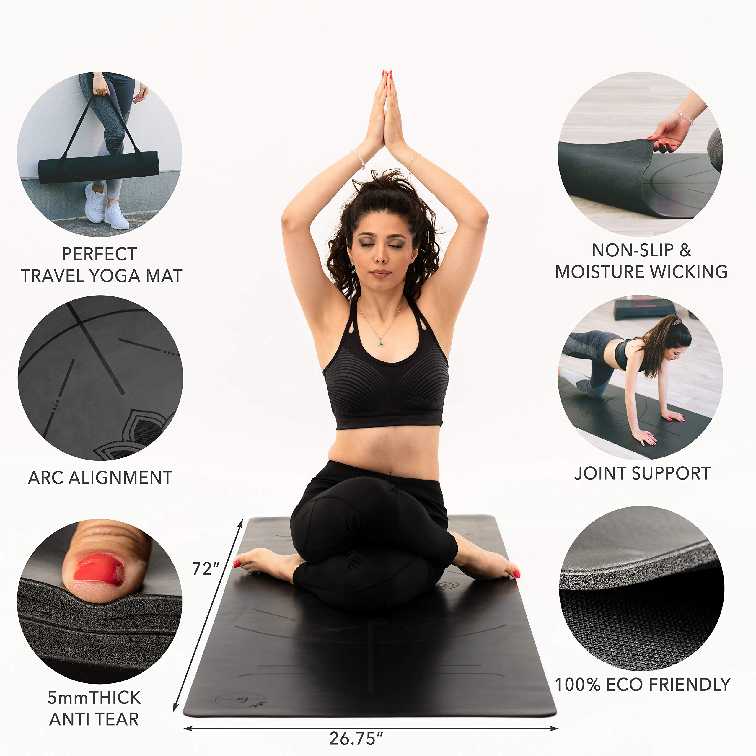 Yoga Mat 5mm Thick BE Premium Yoga Exercise Mat with Carry Strap, ARC Alignment Dry Grip Pro Technology - Moisture Wicking 100% Polyurethane Leather Top and Non-Slip Rubber Bottom for Hot Yoga,